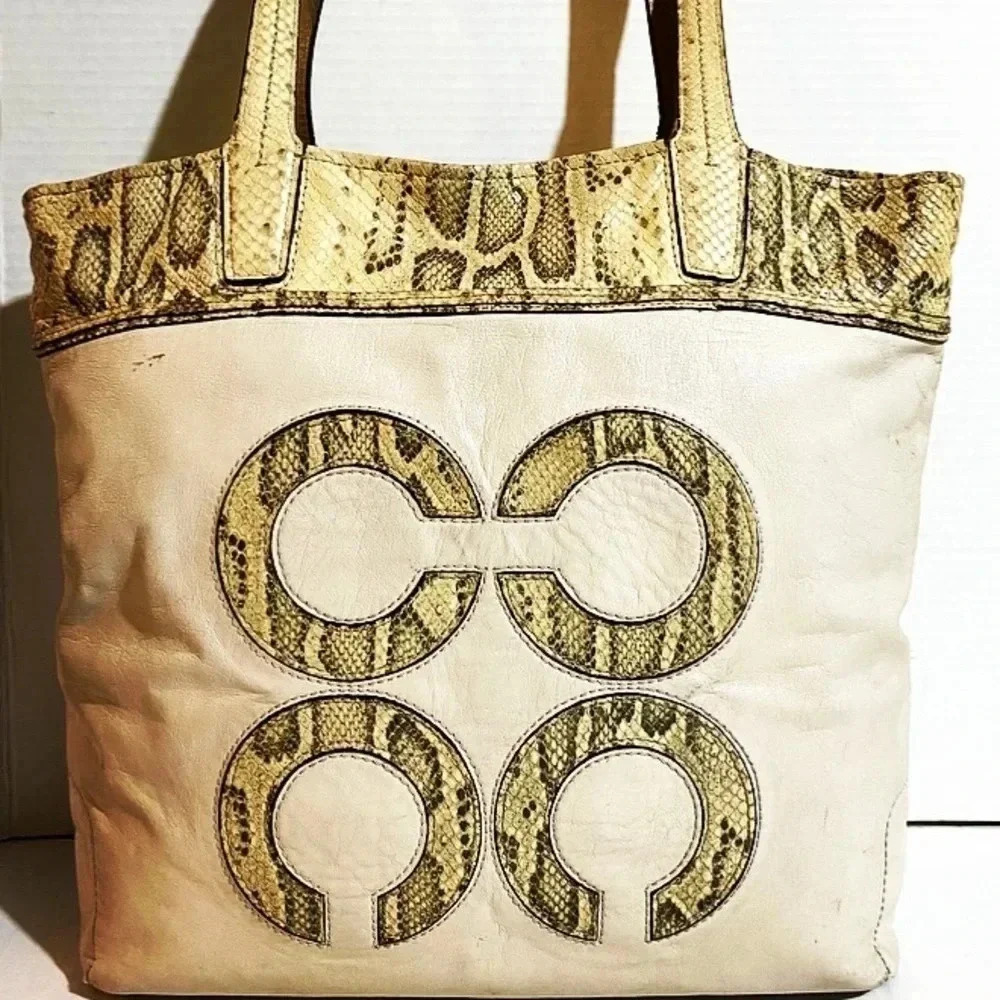 Coach Cream Leather/Python Tote Handbag - Gem